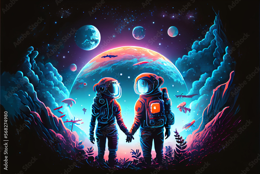 Astronaut couple holding each others hands on beautiful planet. Digital art style. Generative AI ...