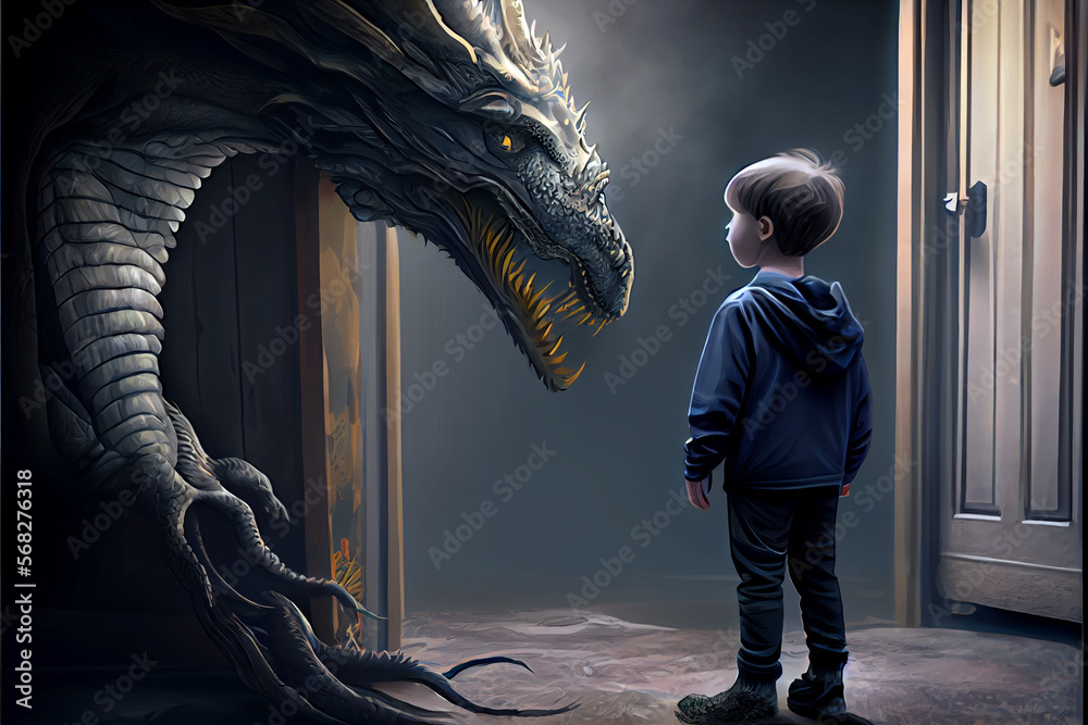 A little boy standing and communicate with a dragon. Digital art style ...