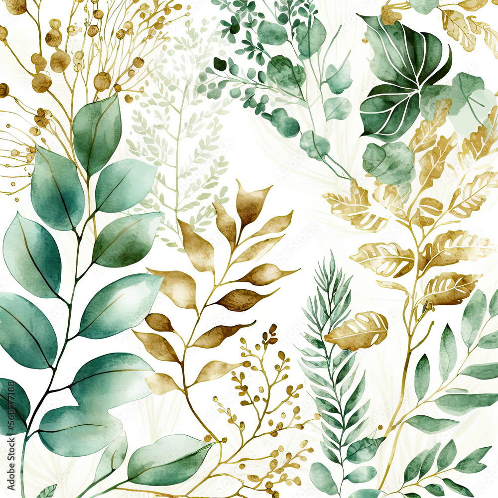 Seamless watercolor floral pattern - green & gold leaves, branches ...