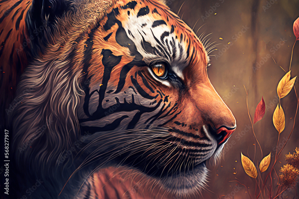 A detailed and cinematic digital artwork of a tiger roaming in the wild ...
