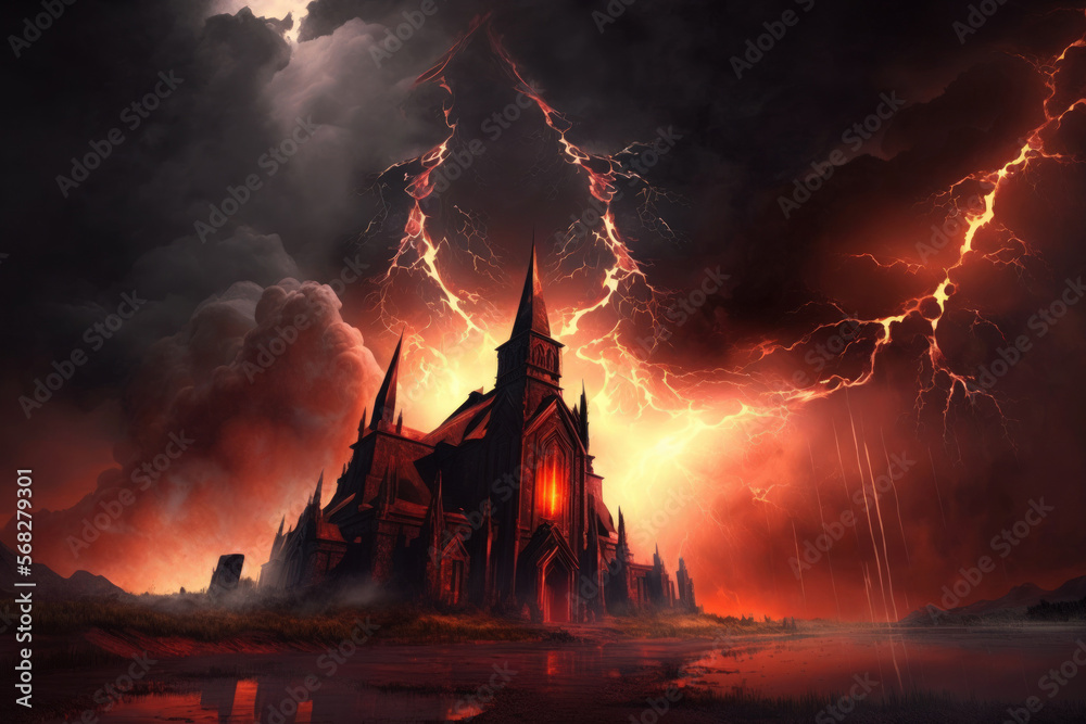 Hell realm, blinding lightning in a dark red apocalyptic sky, judgment ...