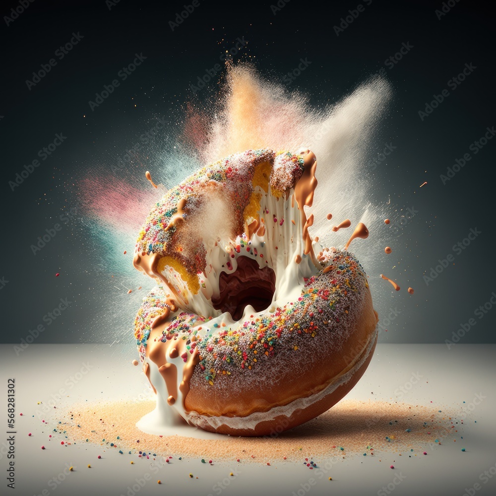 Fresh sweet donuts in motion with multicolored fruit glaze and ...