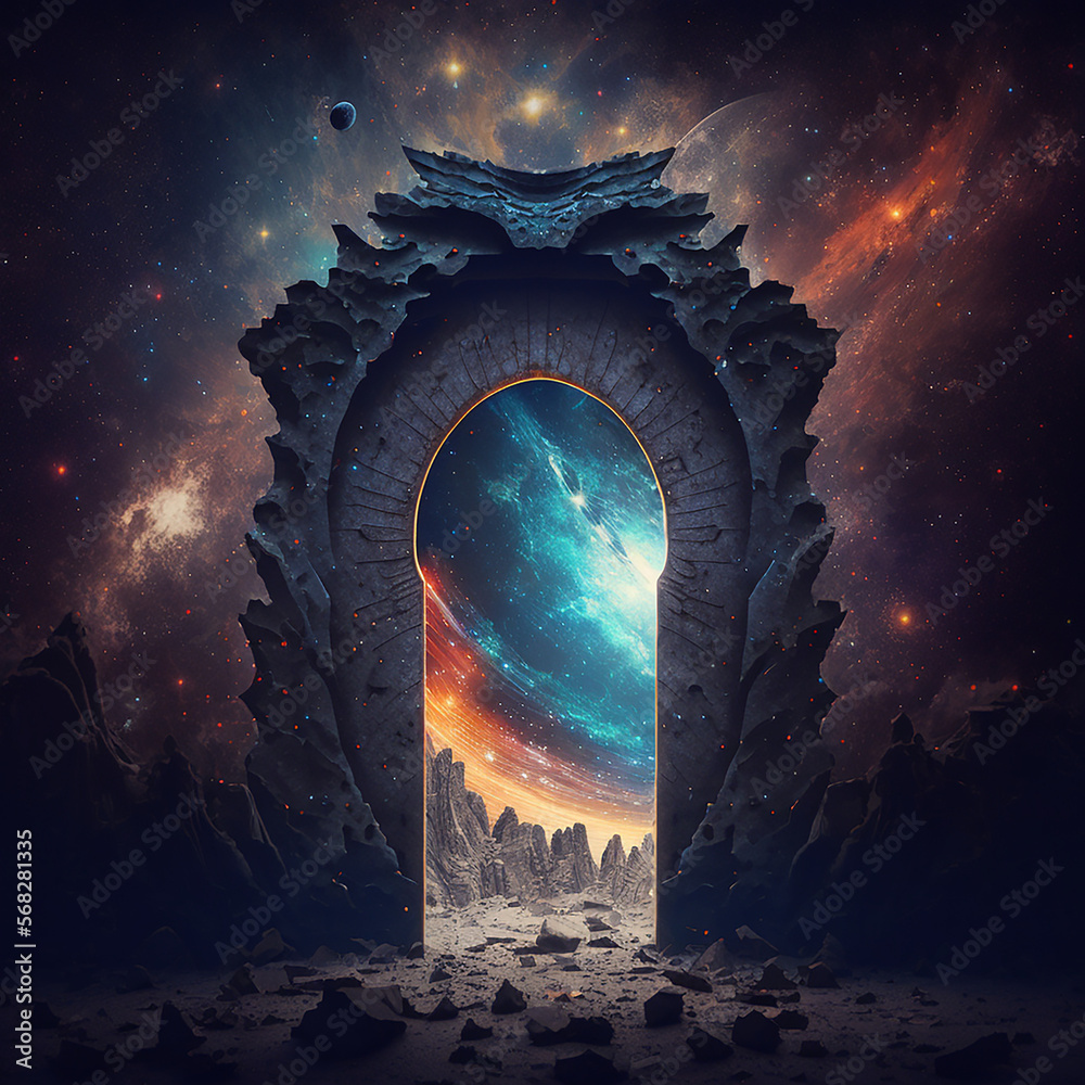 stone portal in space surrounded by a colorful nebula and you see ...