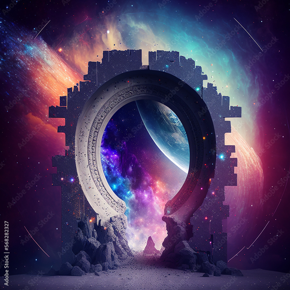 stone portal in space surrounded by a colorful nebula and you see ...
