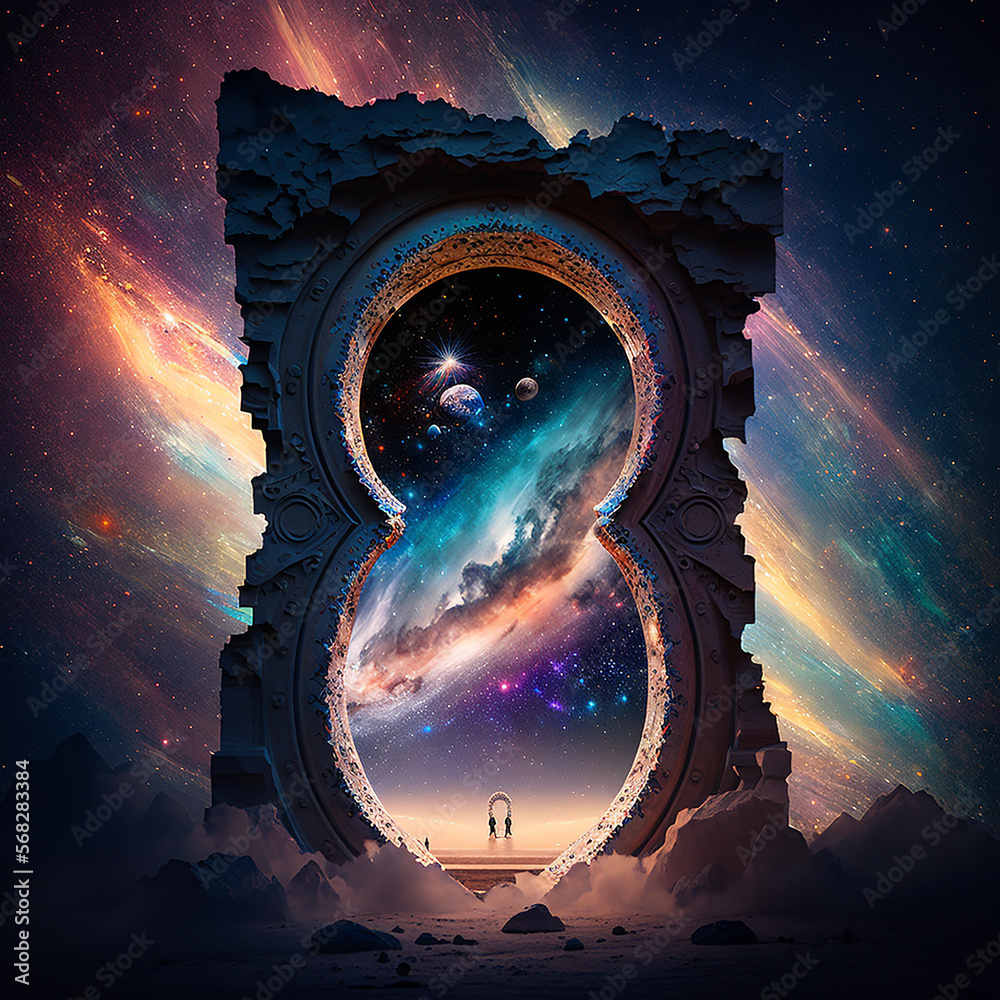 stone portal in space surrounded by a colorful nebula and you see ...
