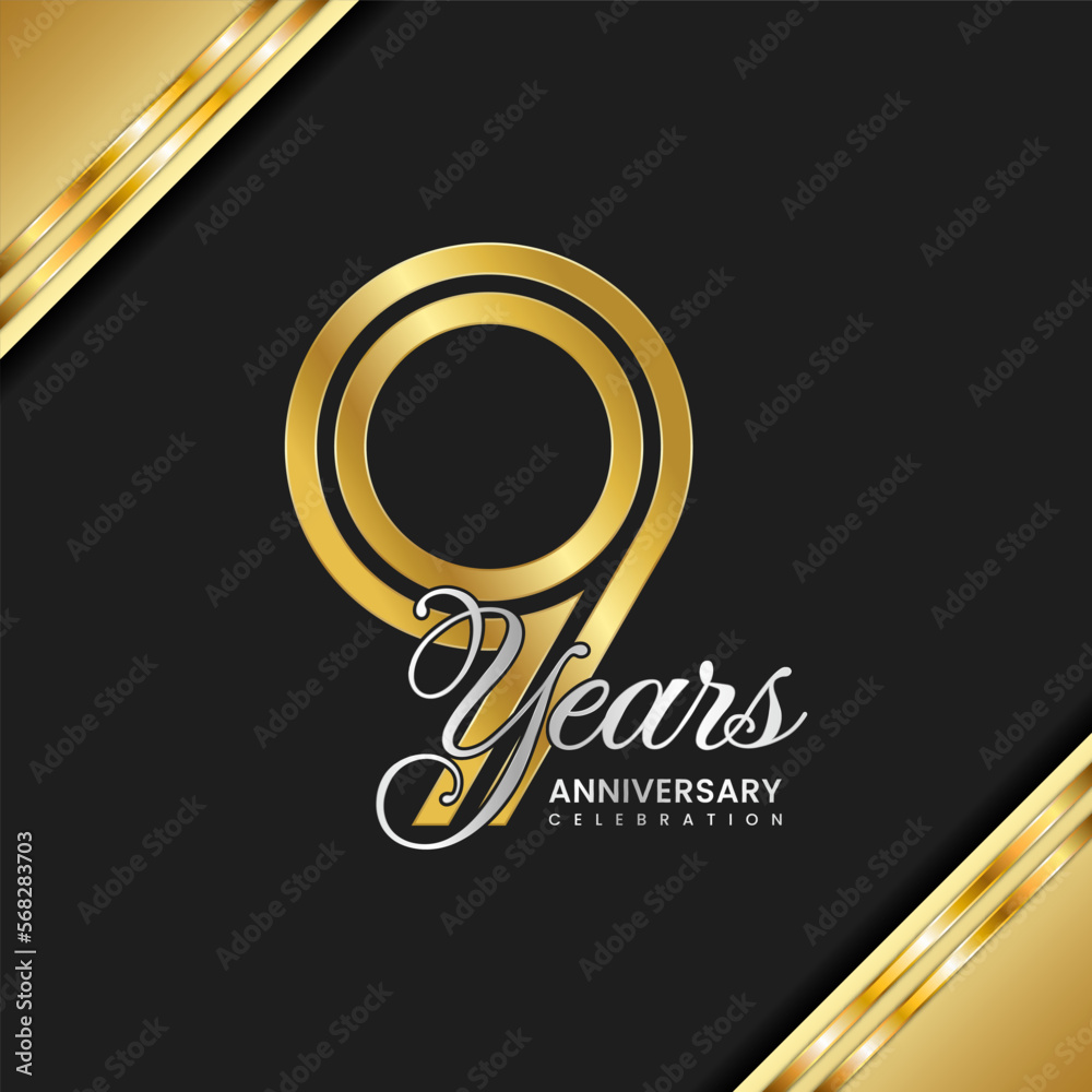 9th anniversary logo design with double line. Gold color numbers with ...