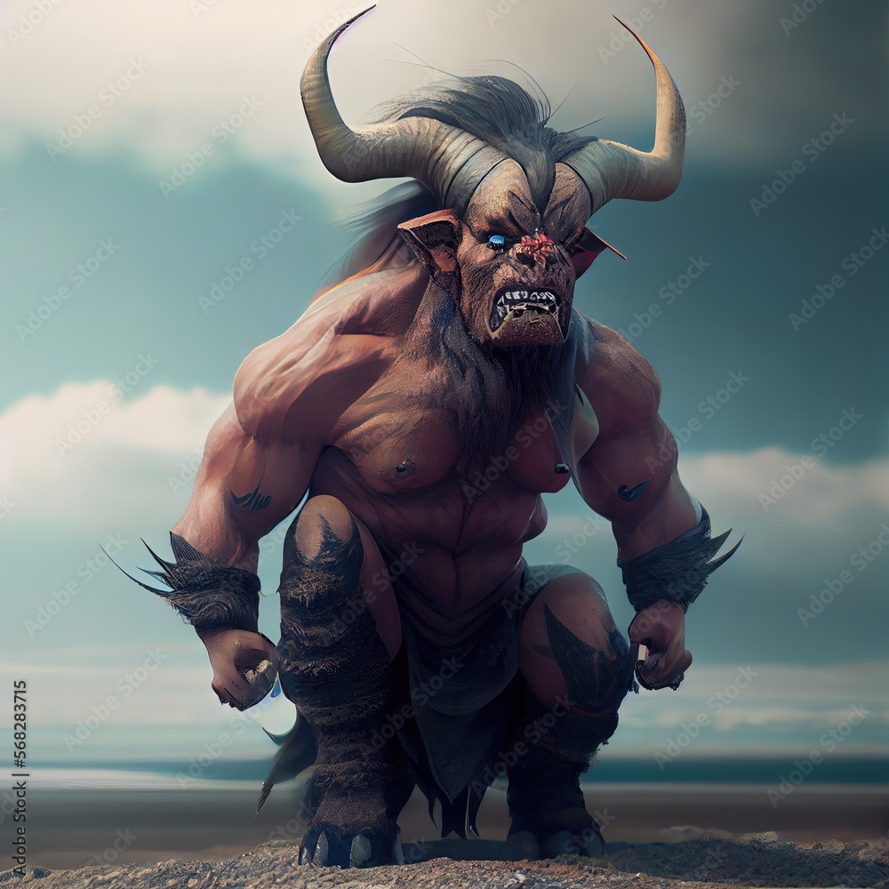 giant minotaur monster with horns and muscular body on the beach 3d ...