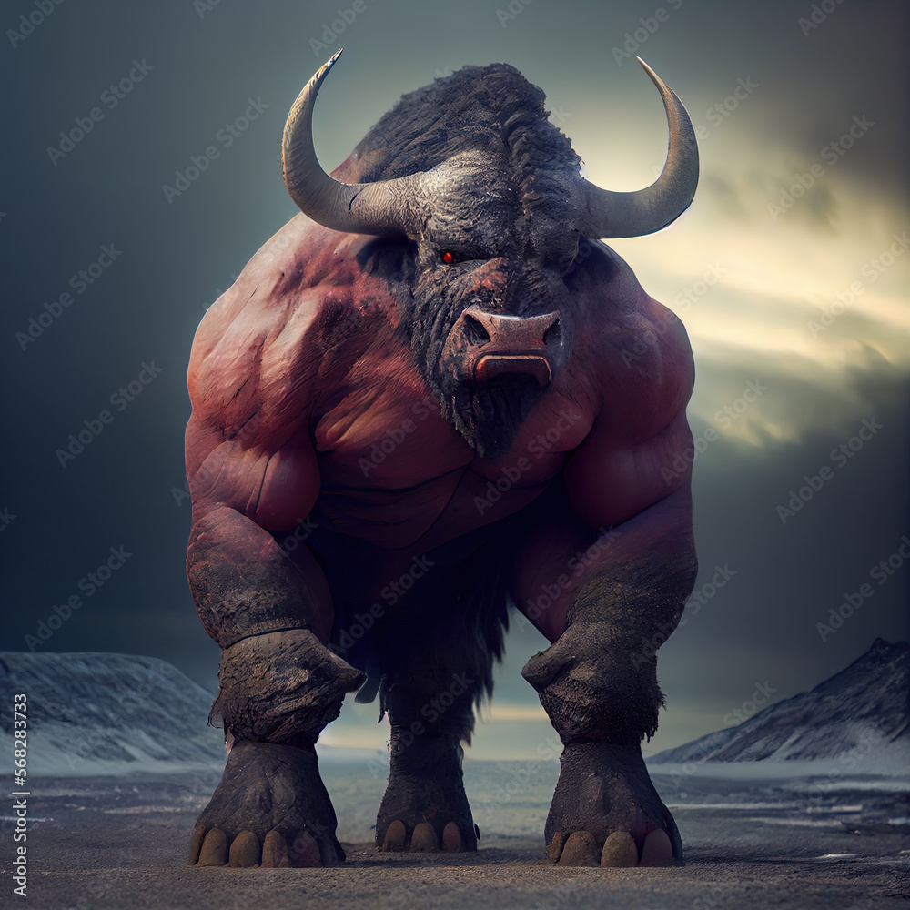 giant minotaur monster with horns and muscular body on the beach 3d ...