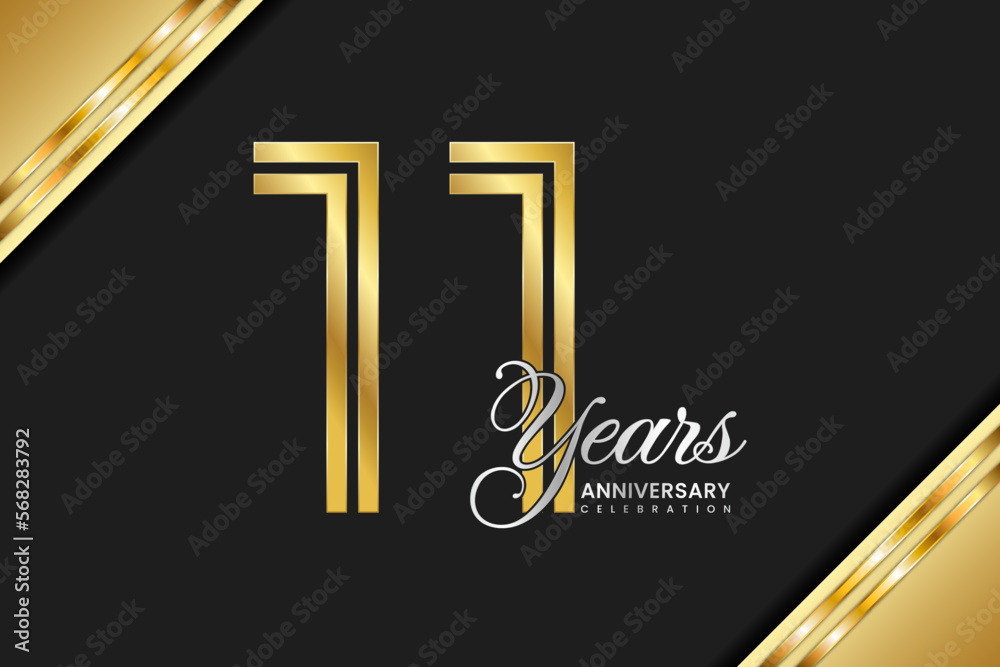 11th anniversary logo design with double line. Gold color numbers with ...