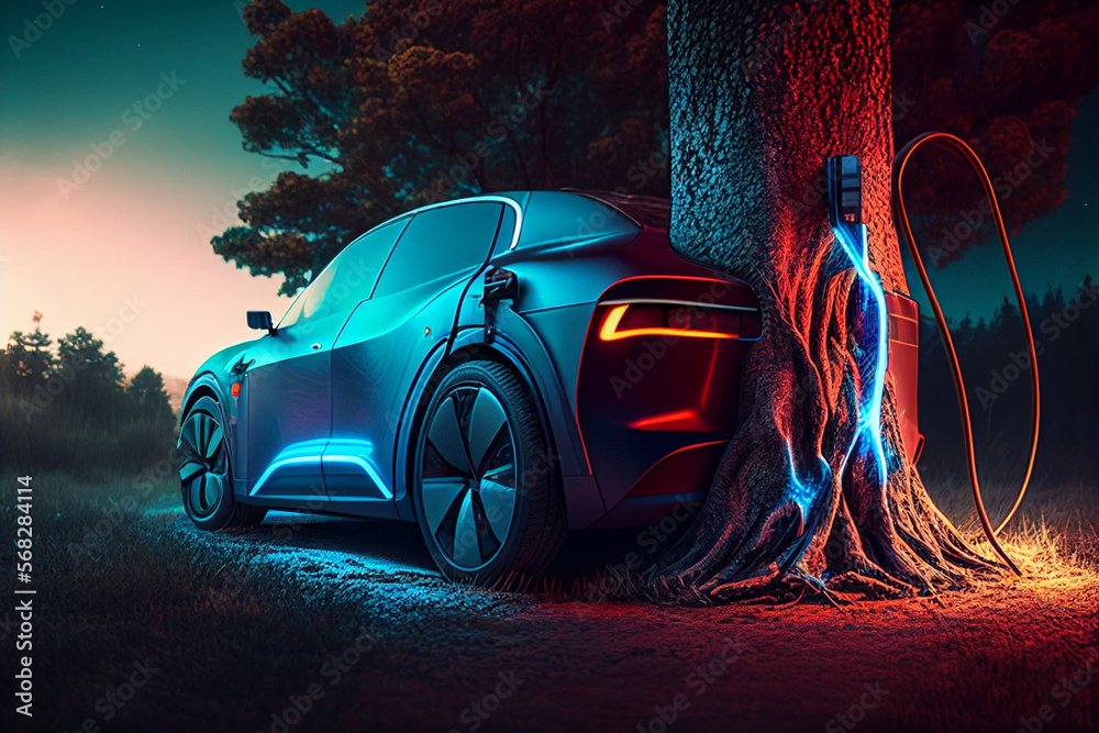 EV Car or Electric car at charging station with the power cable supply ...