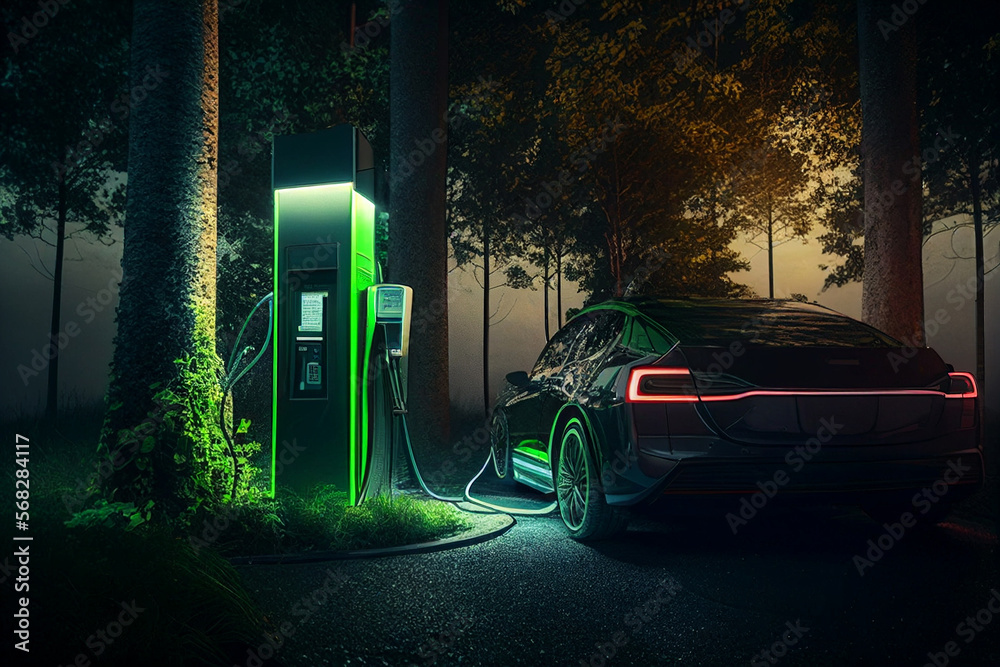 EV Car or Electric car at charging station with the power cable supply ...