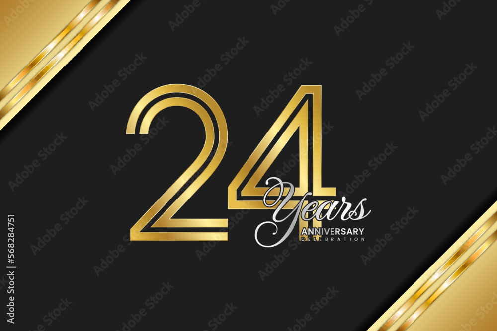 24th anniversary logo design with double line. Gold color numbers with ...