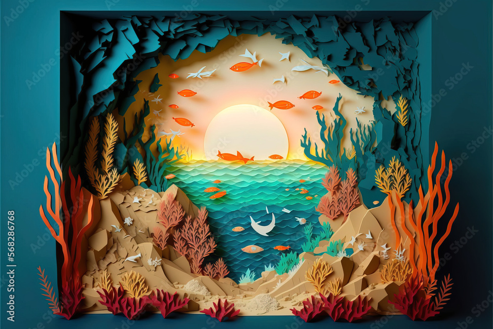 paper art style art landscape with river sea coral mountains and fish ...