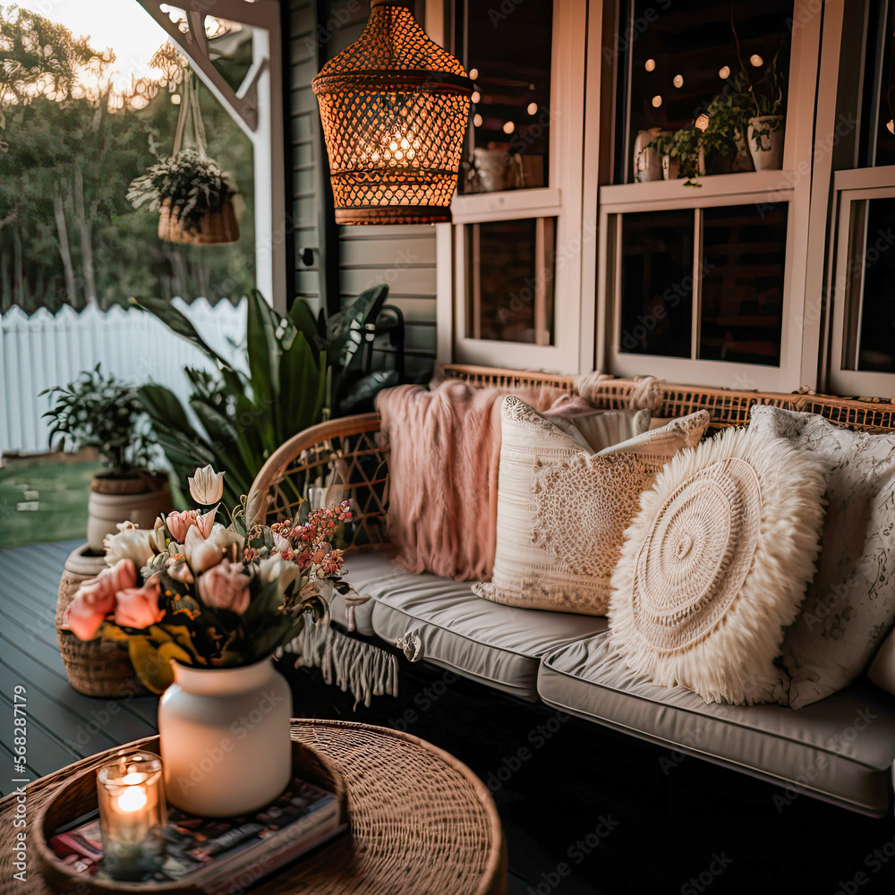 a cozy, boho front porch with touches of rattan and muted beige and ...