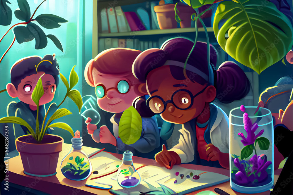 cartoon children doing experiments researching plant species In the ...