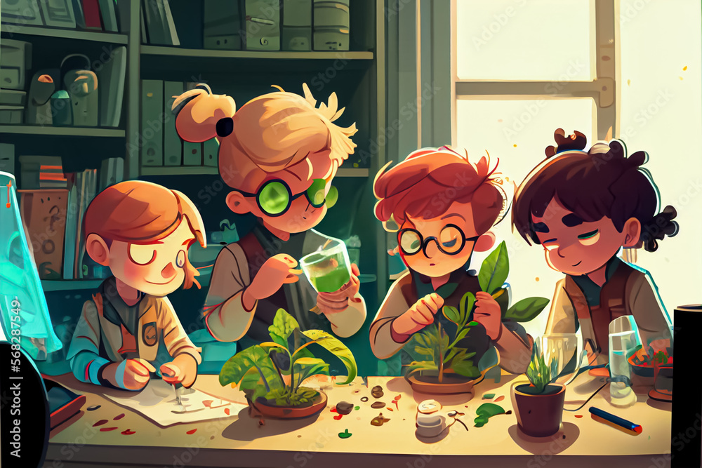 cartoon children doing experiments researching plant species In the ...