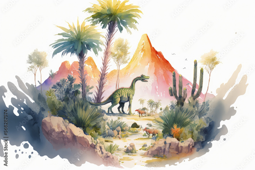 Dino planet, a watercolor landscape. featuring palm trees, vegetation ...