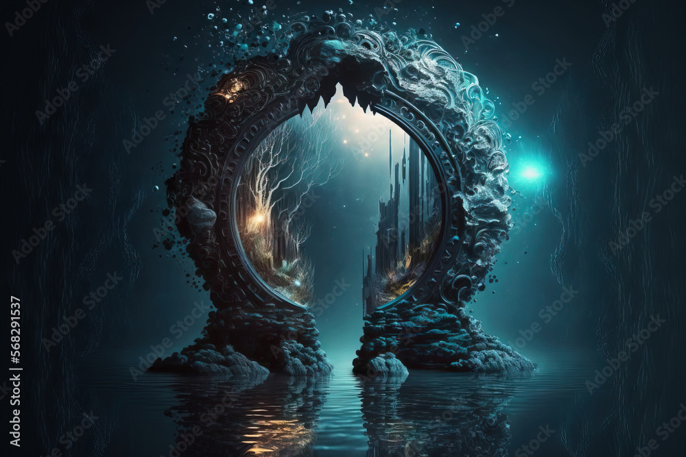 mystical portal in the darkness, with splashes of color and reflecting ...