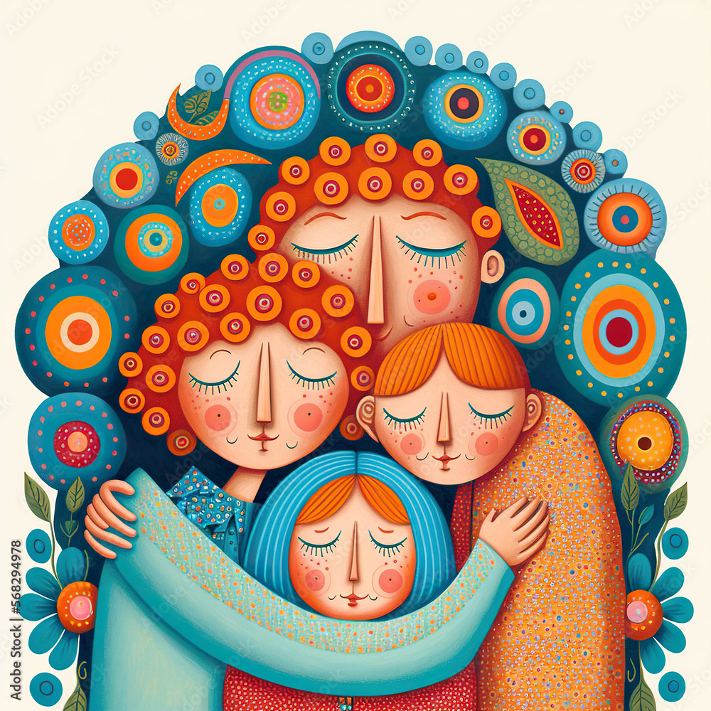 parents hugging two children, generative ai illustration in naive art ...
