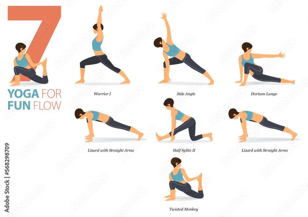 7 Yoga poses or asana posture for workout in fun flow concept. Women exercising for body ...