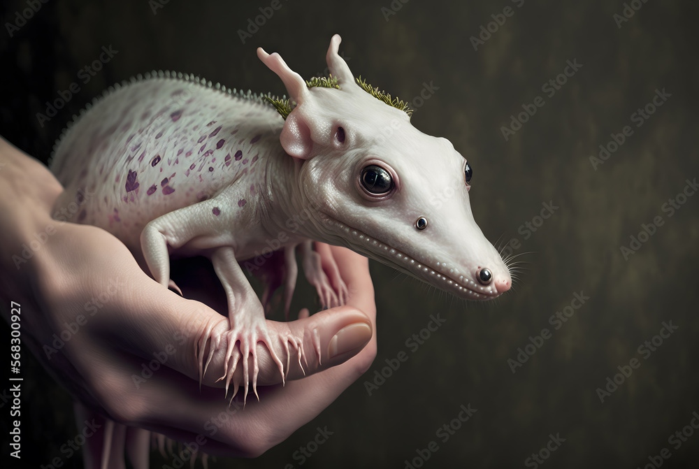 Hybrid Axolotl dog animal over the palm of a hand Generative Ai Stock ...