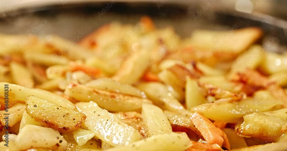 Cooking Fried Potato on Frying Pan Cooking on Vintage Gas Stove. Slow ...
