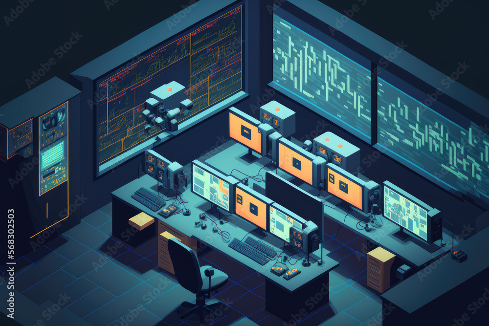 Security control room with multiple computer screens showing feeds from ...