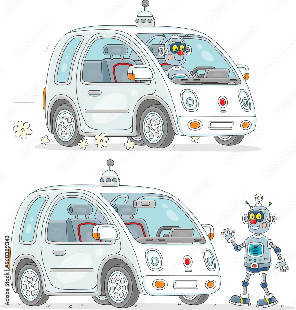 Funny toy robot driving a cute small electric car, vector cartoon ...