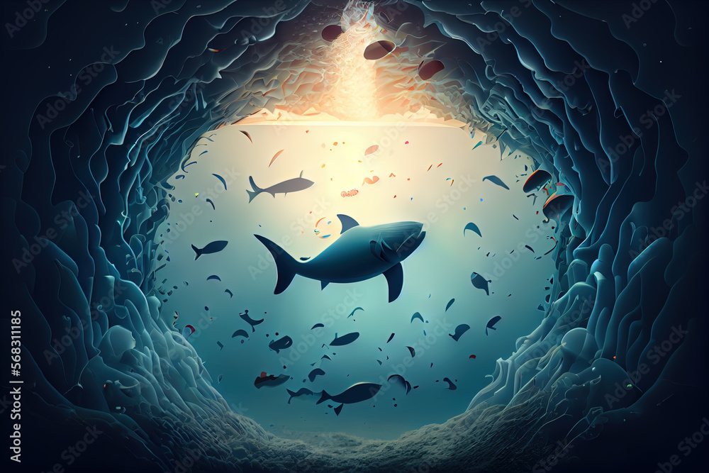 surreal image of under sea life with a whale and many fish, fantasy 3d ...