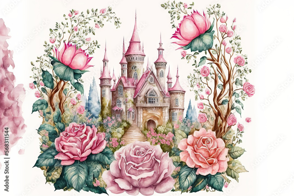 Pink roses, various flowers, leaves, and buttons decorate the pink ...