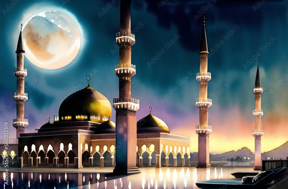 Islamic Masjid Mosque Watercolor painting banner for Ramadan Kareem and ...