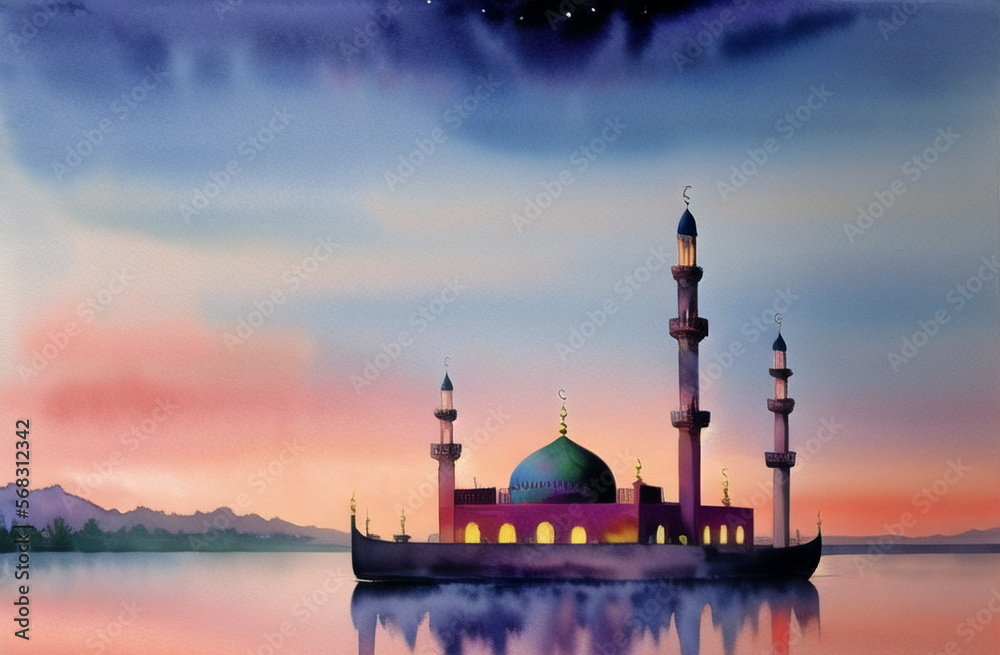 Islamic Masjid Mosque Watercolor painting banner for Ramadan Kareem and ...