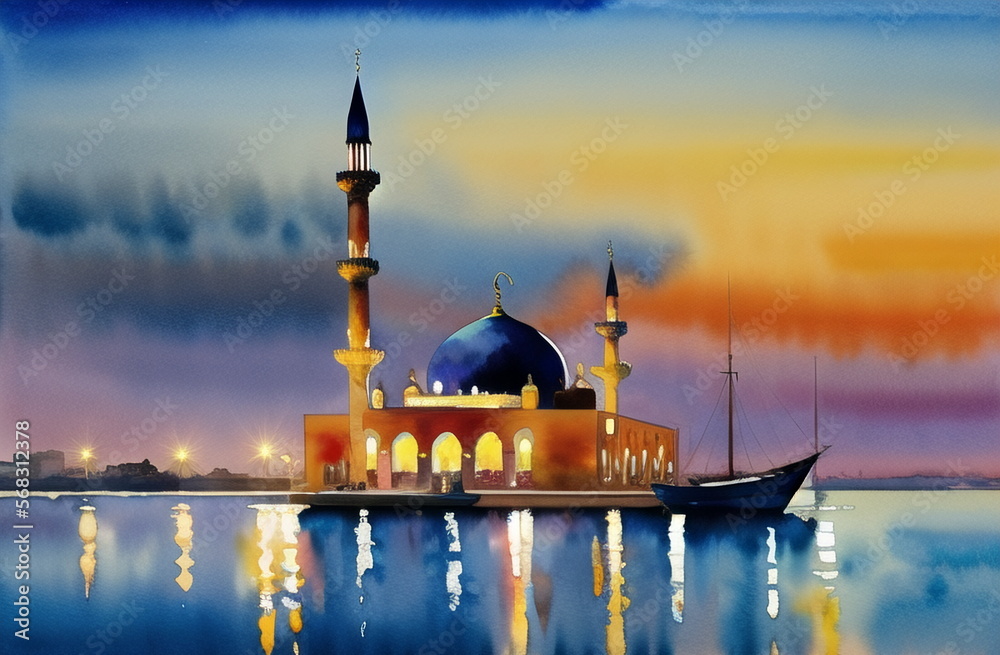 Islamic Masjid Mosque Watercolor painting banner for Ramadan Kareem and ...