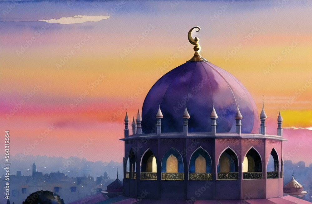 Islamic Masjid Mosque Watercolor painting banner for Ramadan Kareem and ...