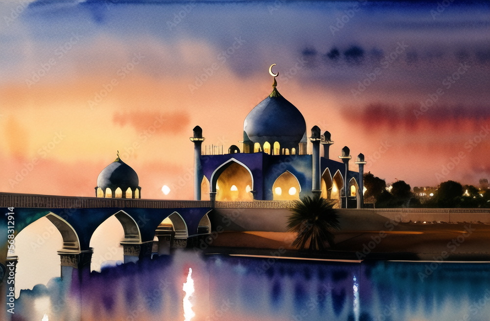 Islamic Masjid Mosque Watercolor painting banner for Ramadan Kareem and ...