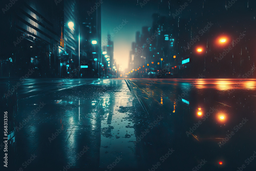 background with hazy lighting. Wet pavement, a cityscape at night, and ...