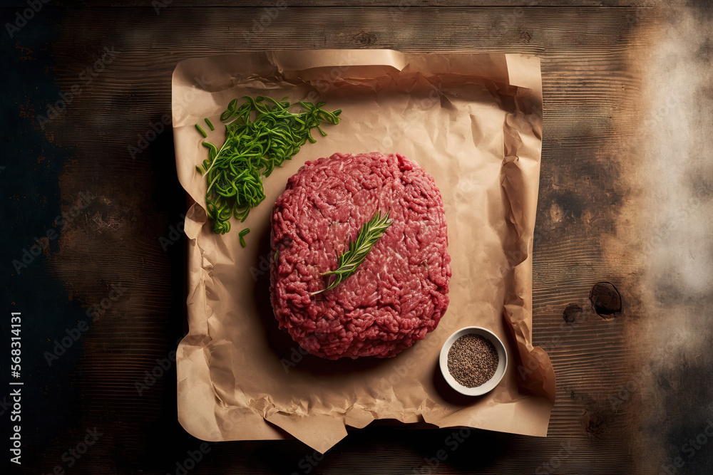 Fresh, raw ground beef is placed on butcher paper. a wooden backdrop a ...