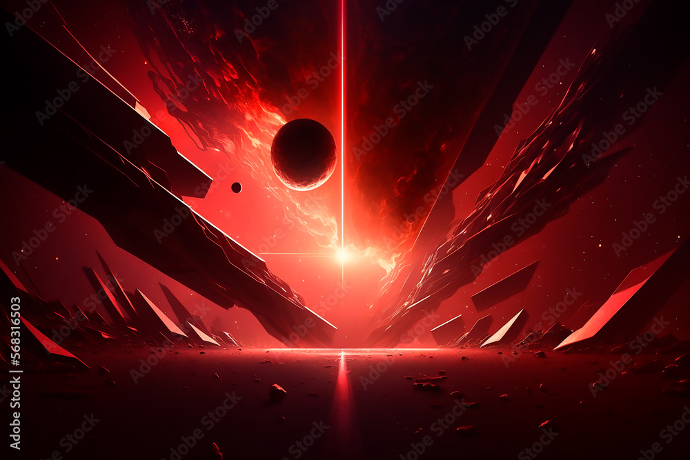 Fantastic red landscape of alien planet with rocks, flying stones and ...