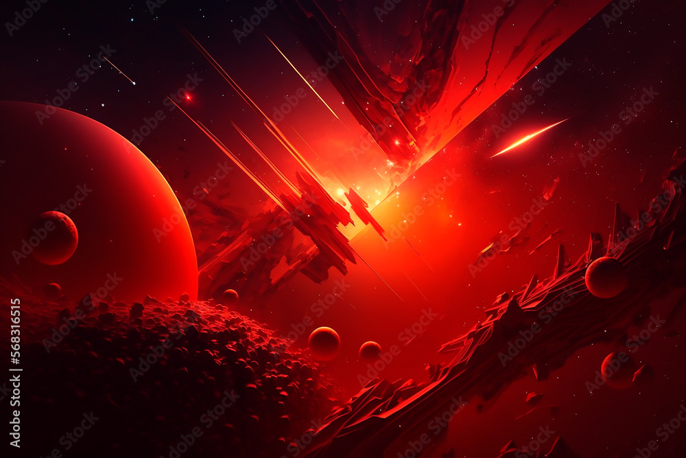 Fantastic red landscape of alien planet with rocks, flying stones and ...