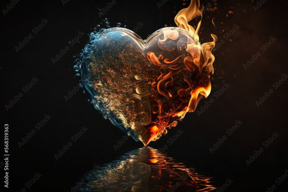 burnt out heart Isolated heart in fire and water on a dark background ...