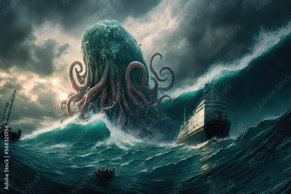 Digital painting of fantasy scene showing Cthulhu the giant octopus destroying ships, digital ...
