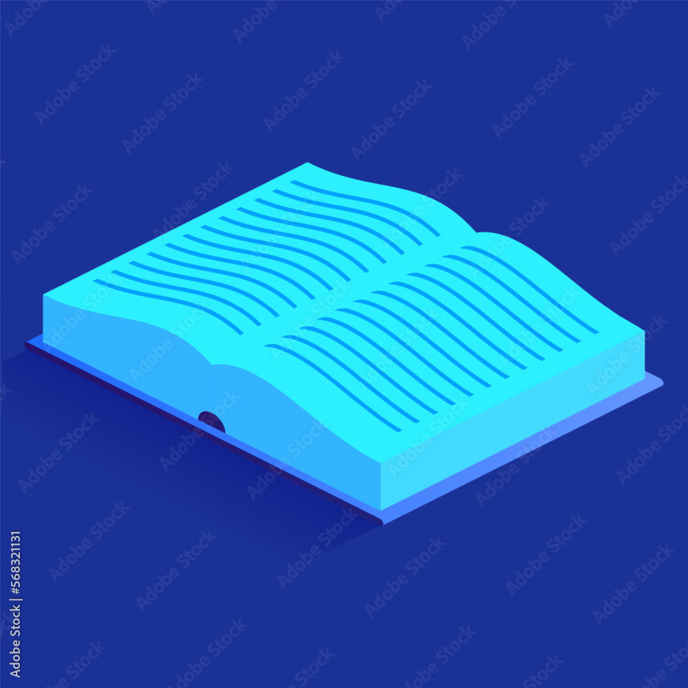 Blue open book icon in isometric view. School learning, higher ...