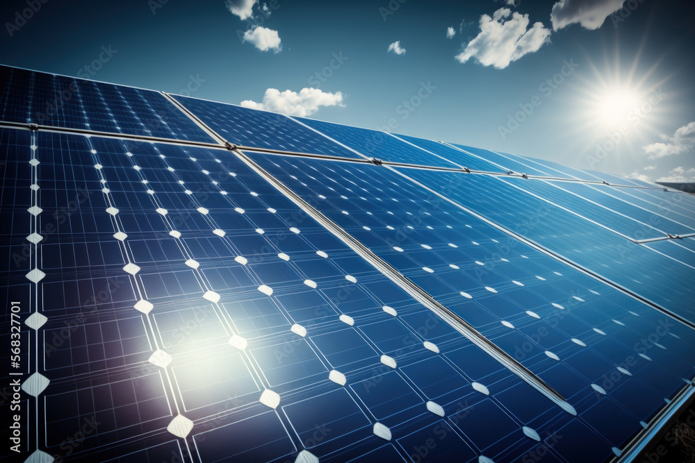Background with blue sky and solar panels. Rooftop solar cell farm ...