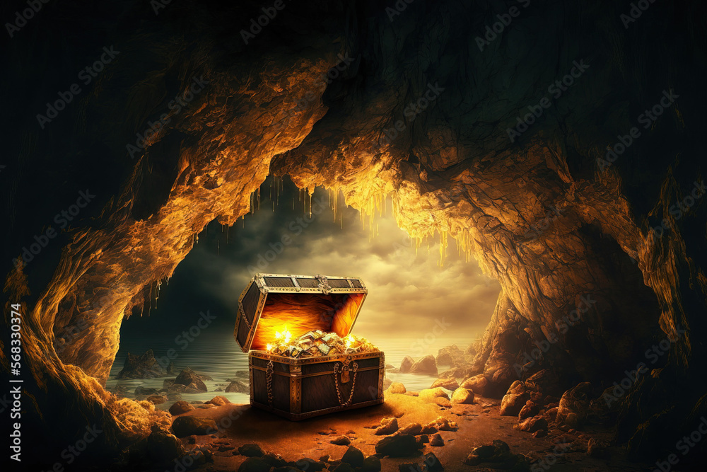 picture of a cave with an open treasure box filled with shiny gold ...
