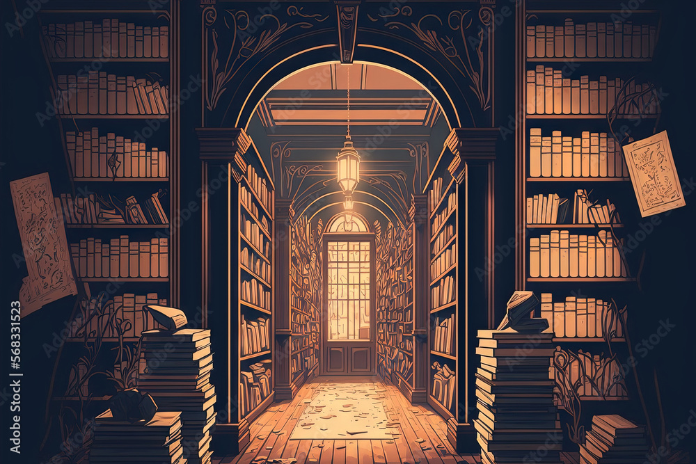 Vintage books inside a library. In a fantastical representation of a ...