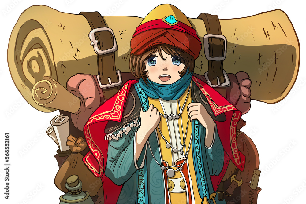 A cute anime girl is a traveler, she is a dwarf dwarf or a halfling ...