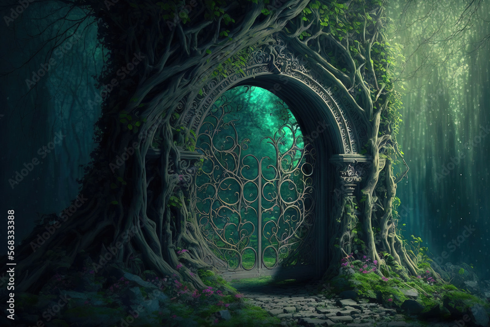 Fantastic fantasy scene with a creeper covered portal archway. An old ...