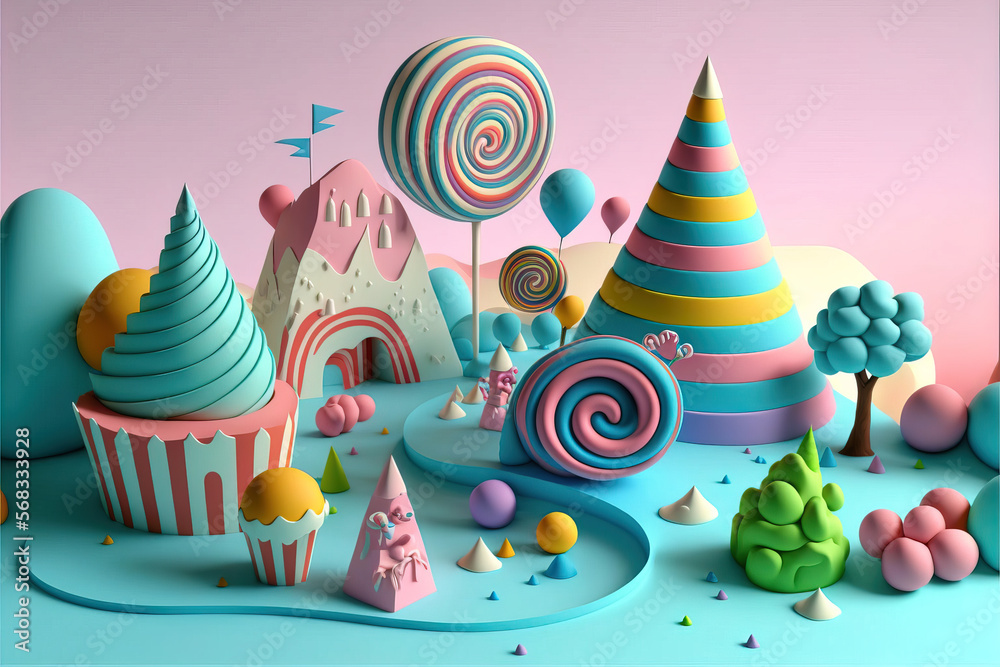 3d art style of cake candy land, for kid kids children birthday party ...