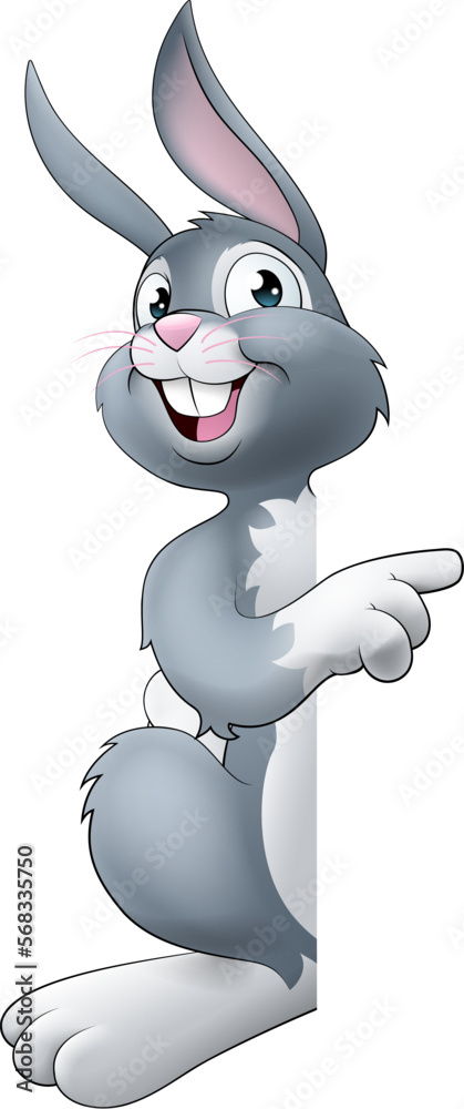 An Easter bunny rabbit cartoon character peeking around a sign Stock ...