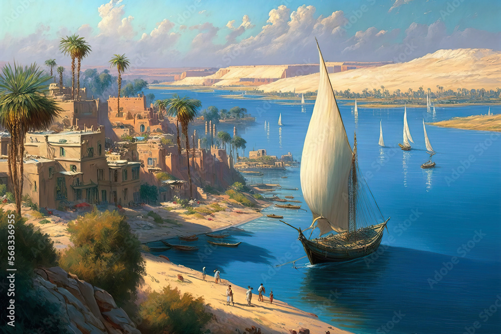 Egyptian city of Aswan, with a view of the Giza Pyramids, the Nile, and ...